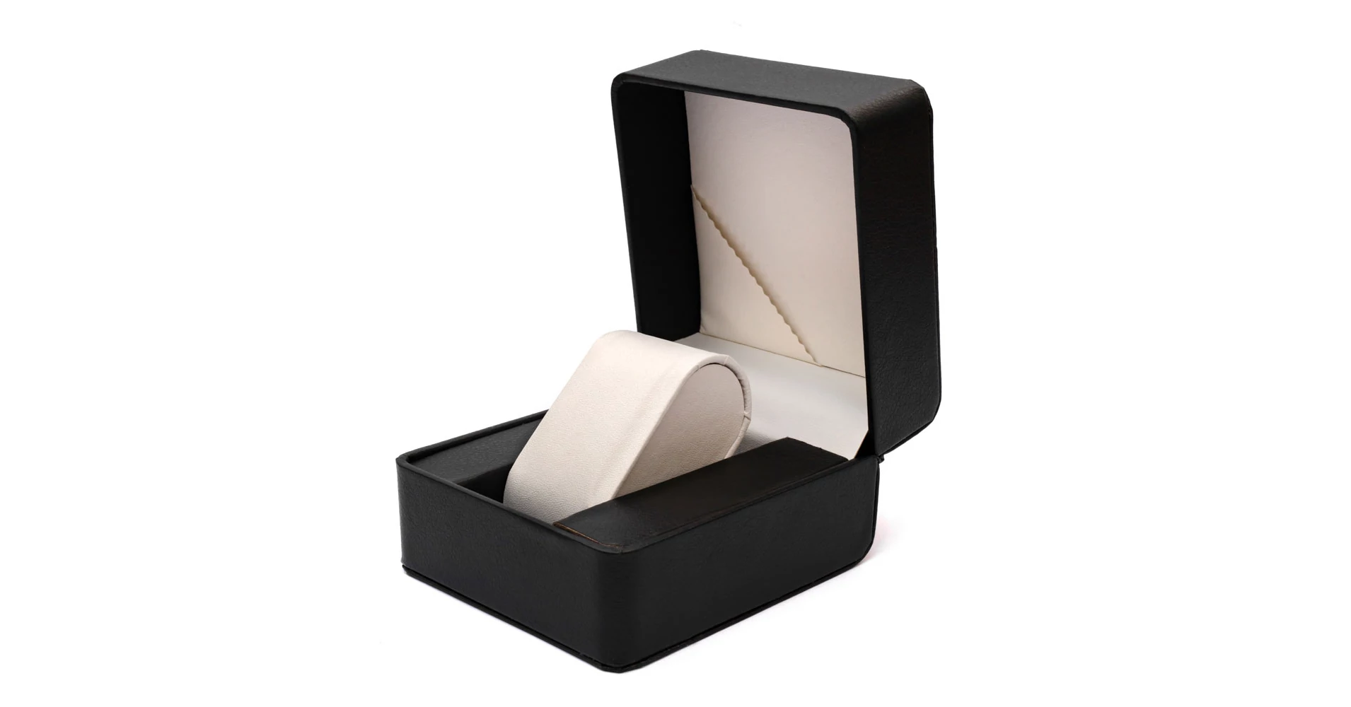 Díszdoboz fehér béléssel, fekete, műbőr, óra tartó doboz, 10x11x7,3 cm ...